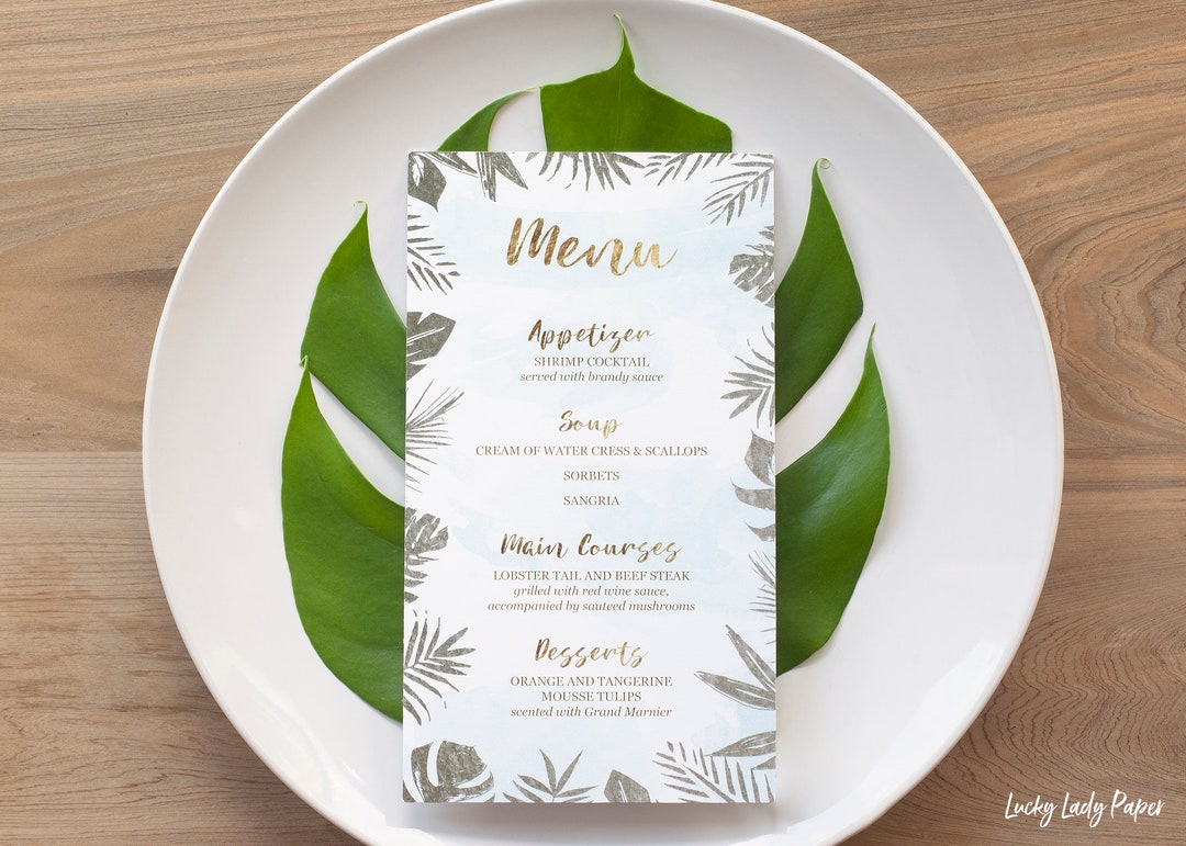 Tropical Menu Table Cards in Gold and Aqua Watercolor Real Foil ...