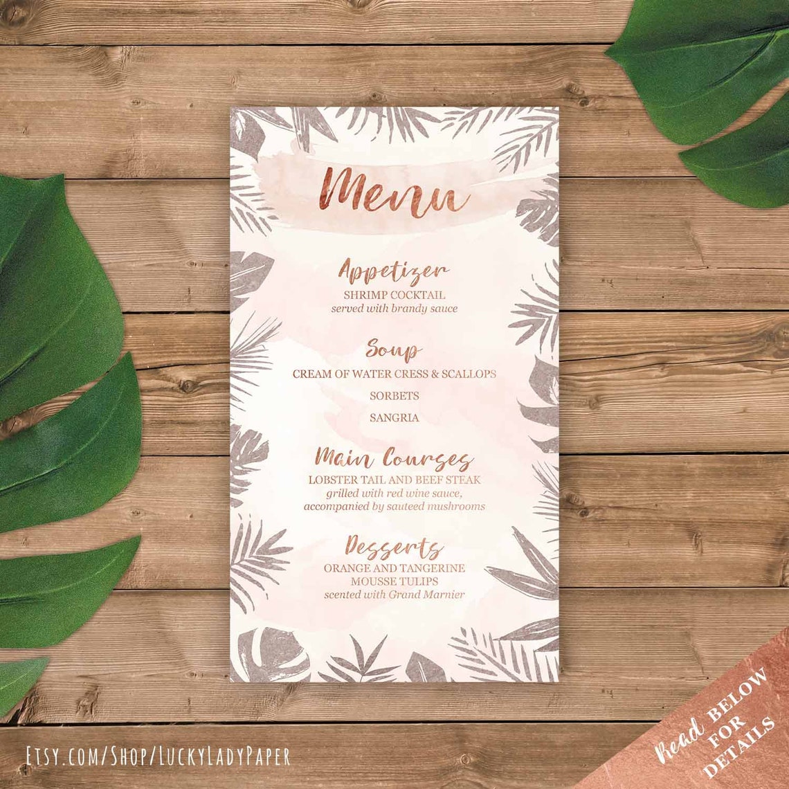 Tropical Menu Cards in Rose Gold and Blush Watercolor - Etsy