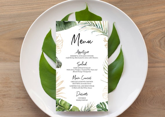 Tropical Menu Table Cards Tropical Leaves Palm Leaf Greenery | Etsy