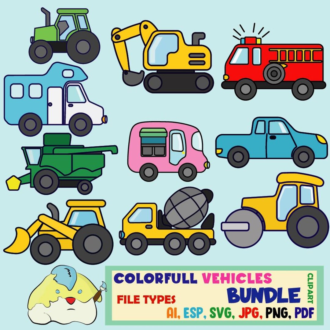 Colorful Vehicles Clipart Bundle Construction, Emergency & Travel ...