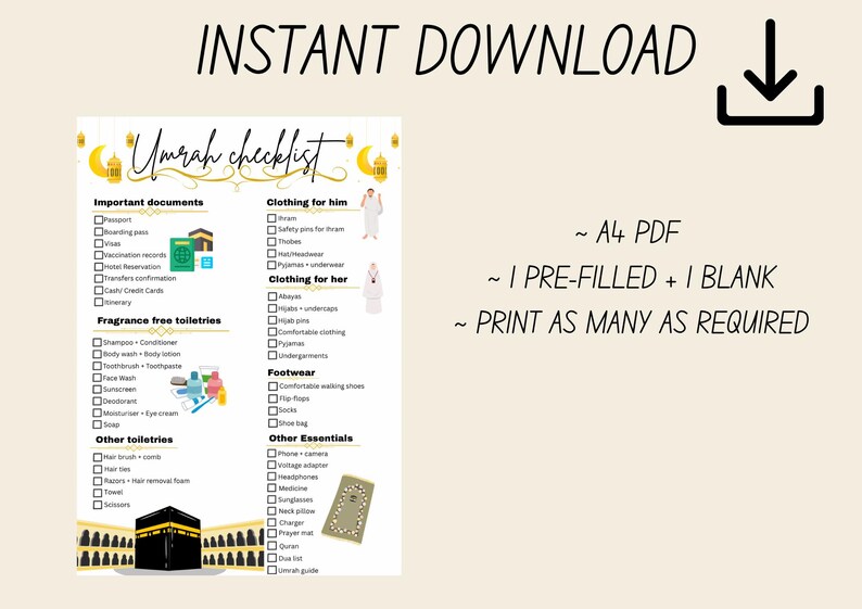 A4 Umrah Travel Checklist | Printable Packing Guide for Pilgrimage ...