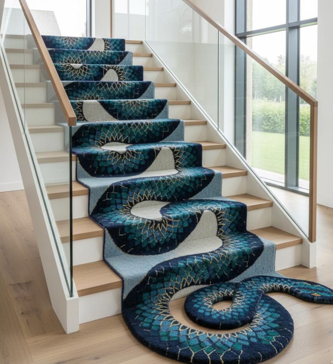 Handmade Wool Snake Stair Runner Rug, 3D Teal Blue Animal Design - Etsy