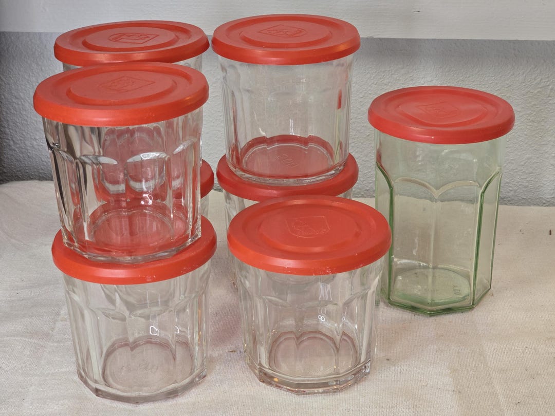 Vintage Luminarc France Glass Storage or Jam Jars With Red Plastic Lids ...