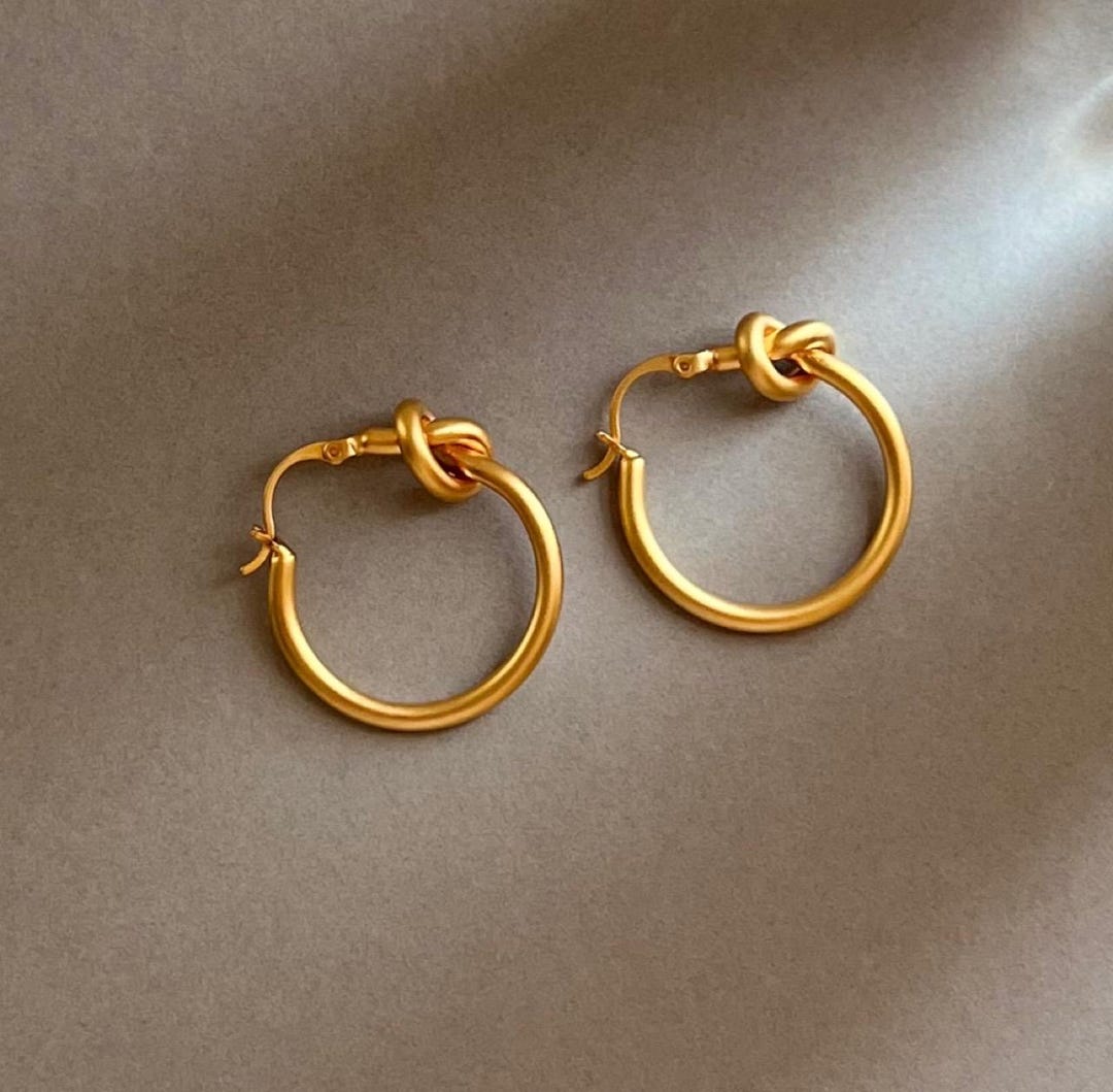 Matte Gold Knot Hoop Earrings, 14K Matte Gold Plated Hoops, Minimalist ...