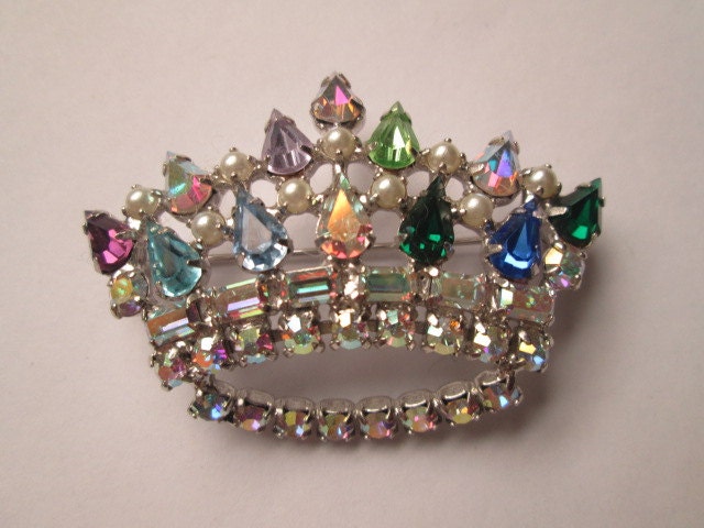 Vintage Crown Brooch Pin B David Signed Rhinestones Ab Seed Etsy