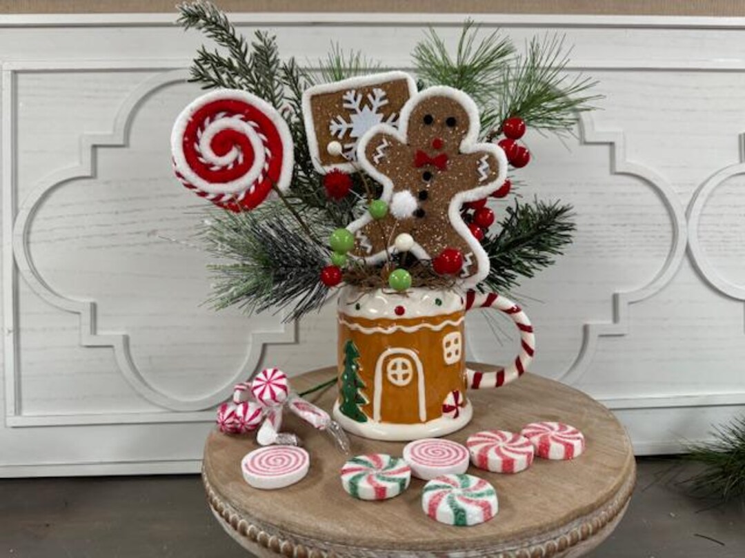 Christmas Mug Centerpiece, Christmas Arrangement, Gingerbread Decor ...