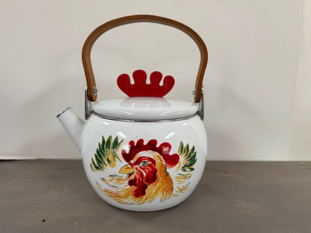 Vintage Rustic Hand Painted Enameled Metal Tea Kettle, Rooster Tea ...