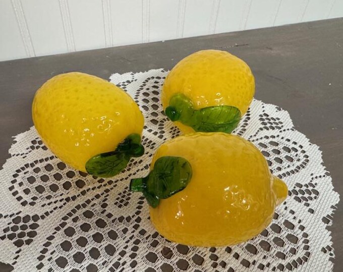 Set of 3 Vintage Hand Blown Art Glass Lemons, Murano Style Glass Lemons, Lemon Decor, Textured ...