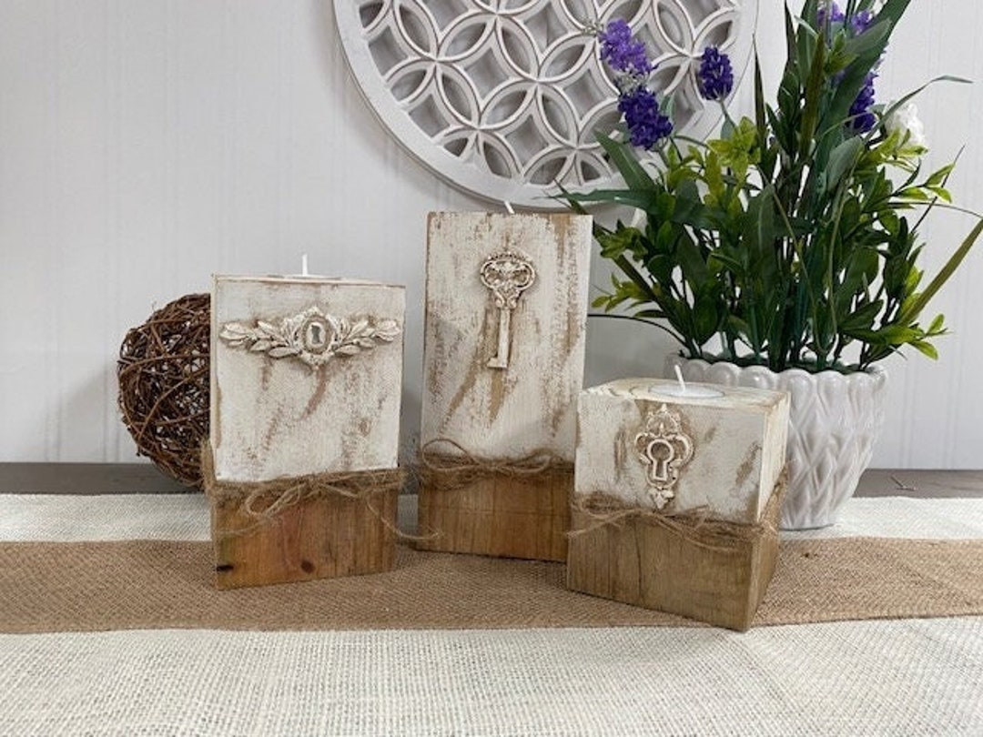 Wood Block Candle Holders, Wooden Christmas Blocks, Rustic Christmas ...