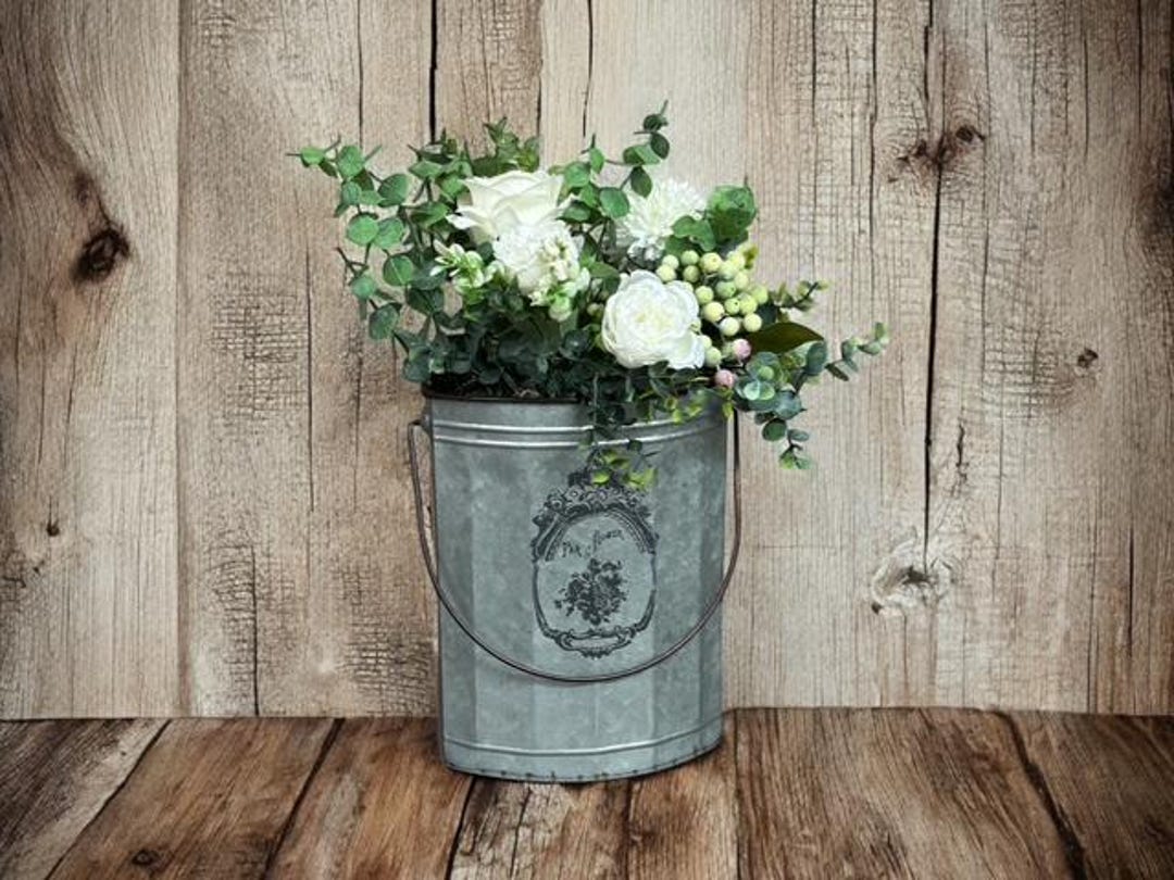 Galvanized Bucket Decor, French Country Decor, Farmhouse Floral Decor ...