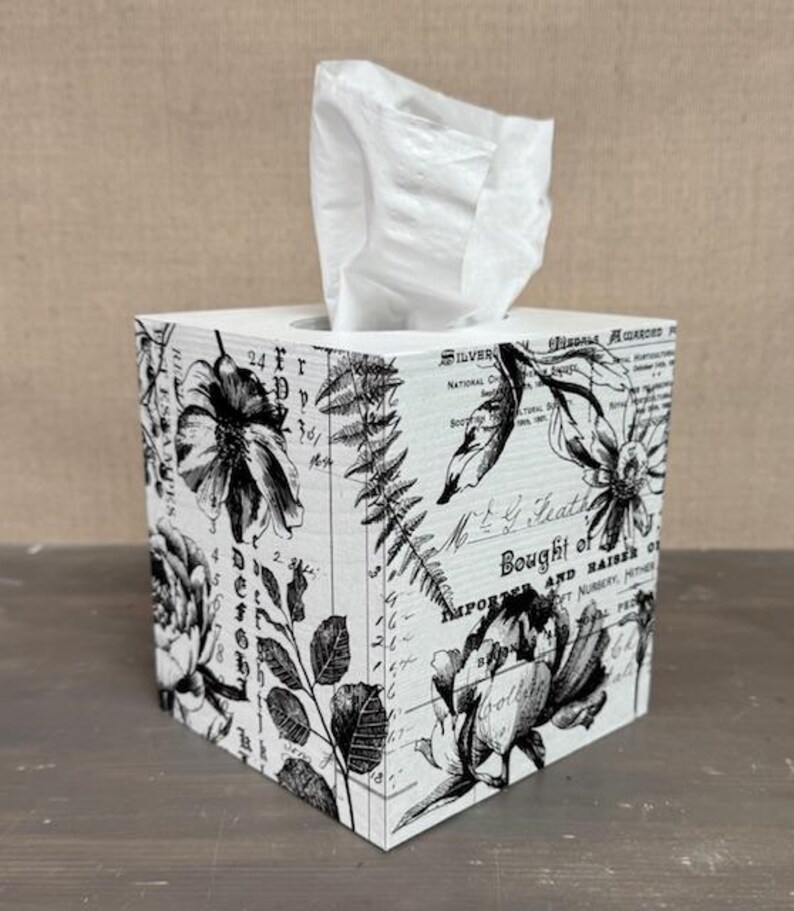French Country Tissue Box Cover: Black & White Floral Wooden Decor - Etsy