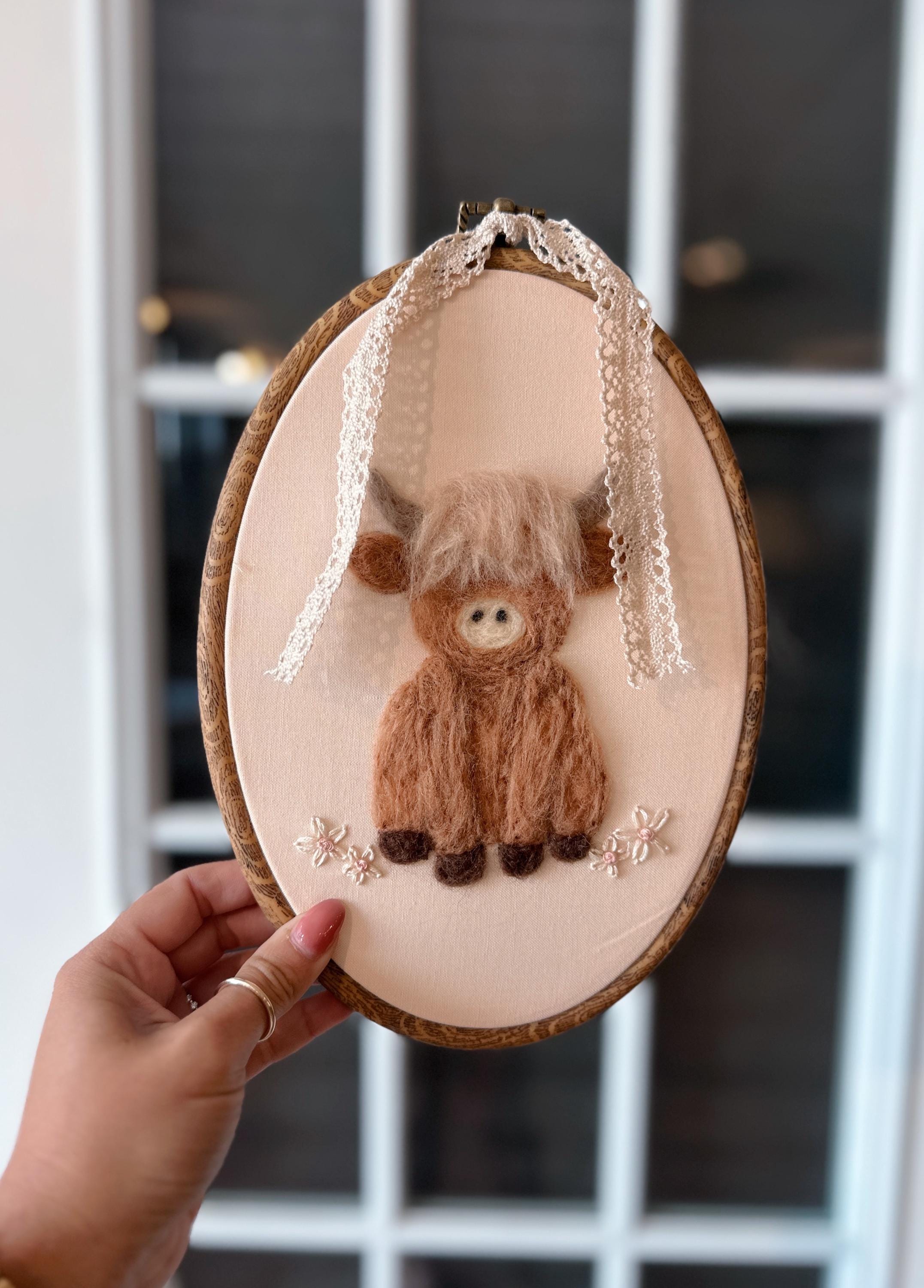 Needle Felted Highland Cow Wall Art – Handmade Wool Animal Hoop Decor ...