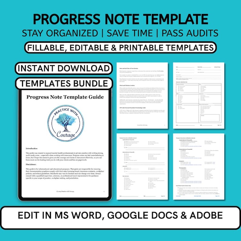 Progress Note Template With Checkboxes for Therapists | Editable ...