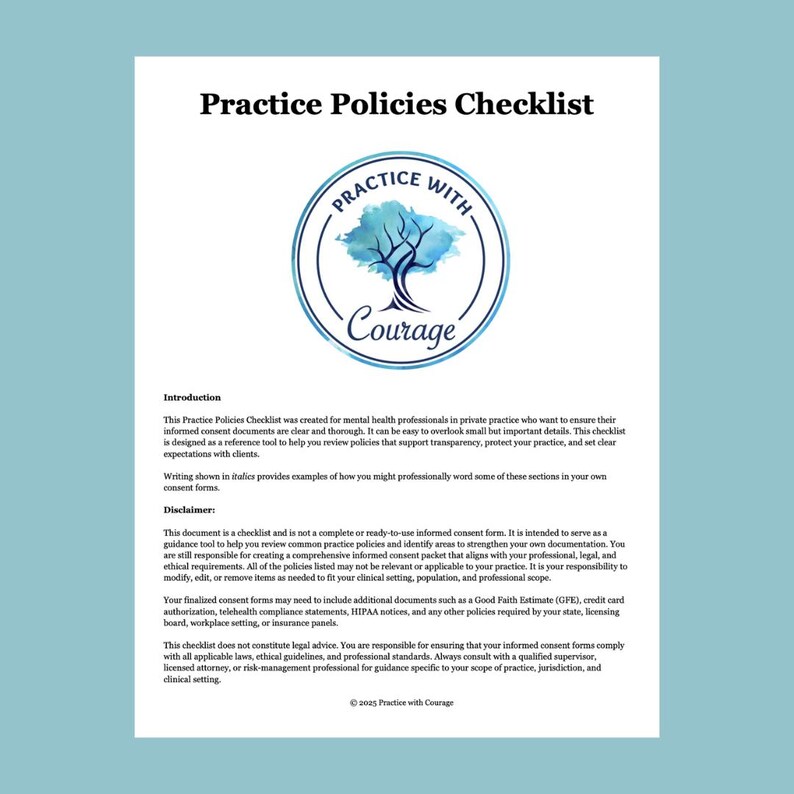 Therapy Policies Checklist | Consent Form Writing Guide | Private ...