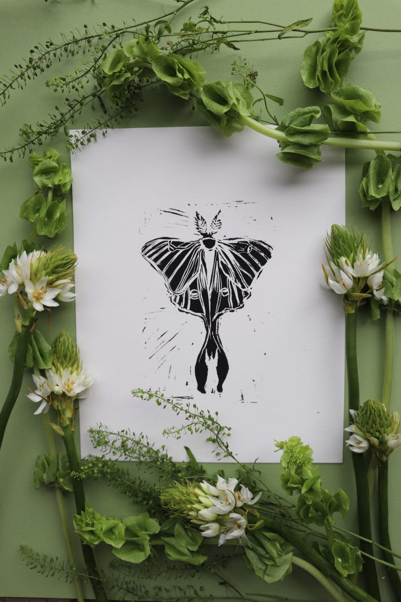 Luna Moth Linocut Print, 8x10 Art - Etsy