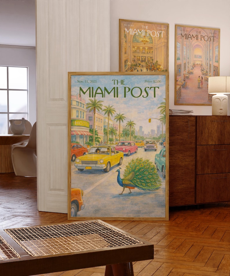 The Miami Post Magazine Cover Print, Retro New Yorker Style Poster ...