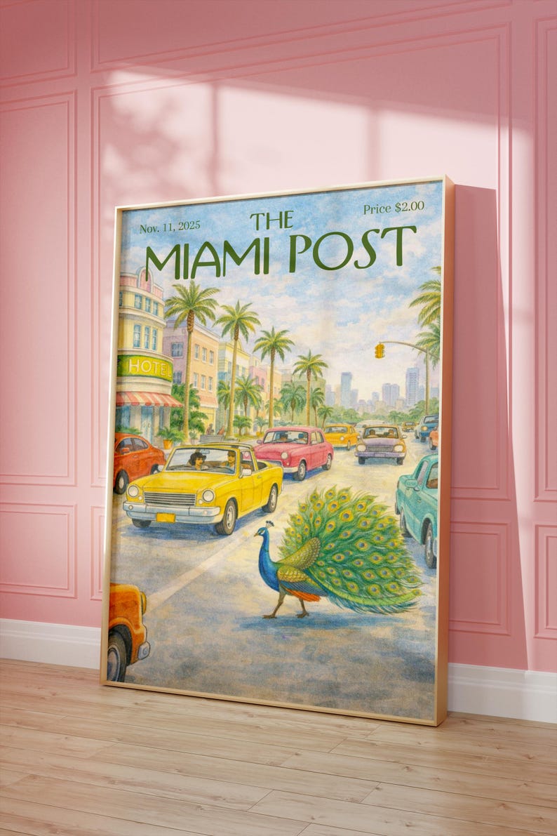 The Miami Post Magazine Cover Print, Retro New Yorker Style Poster ...