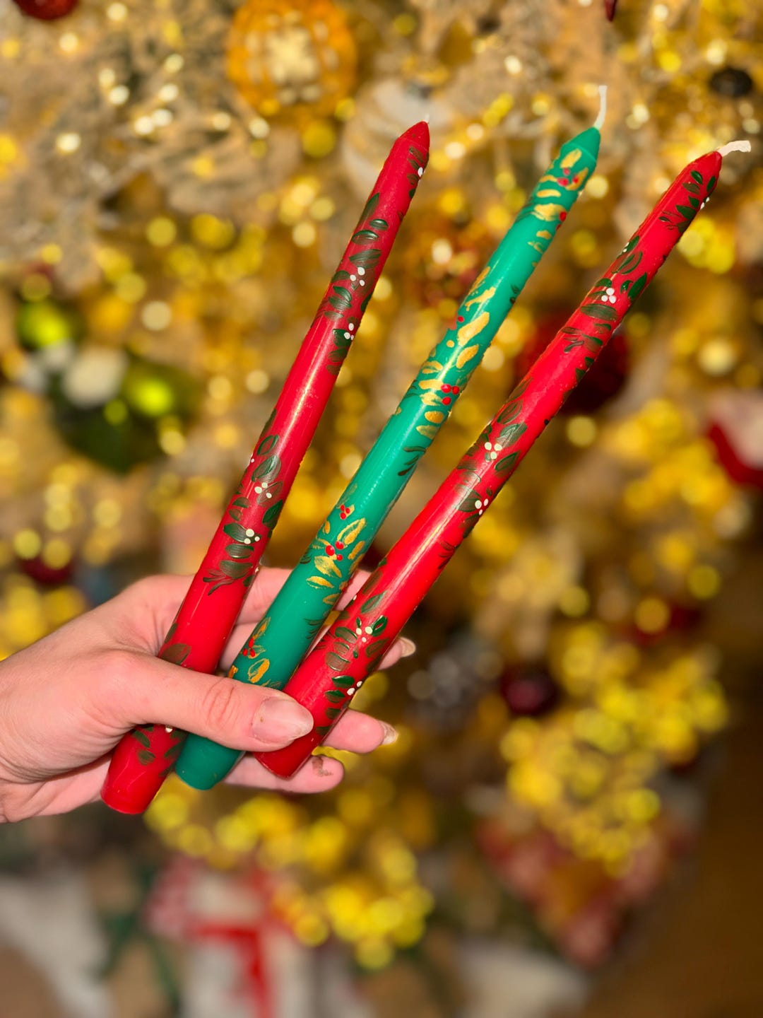 Hand-painted Christmas Taper Candles, Festive Botanical Decor, Set of 3 ...