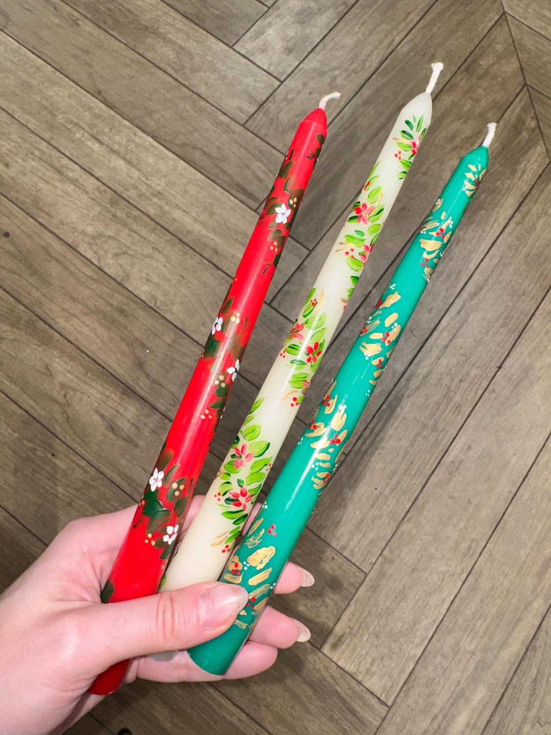 Hand Painted Christmas Taper Candle Set – Festive Botanical Decor - Etsy