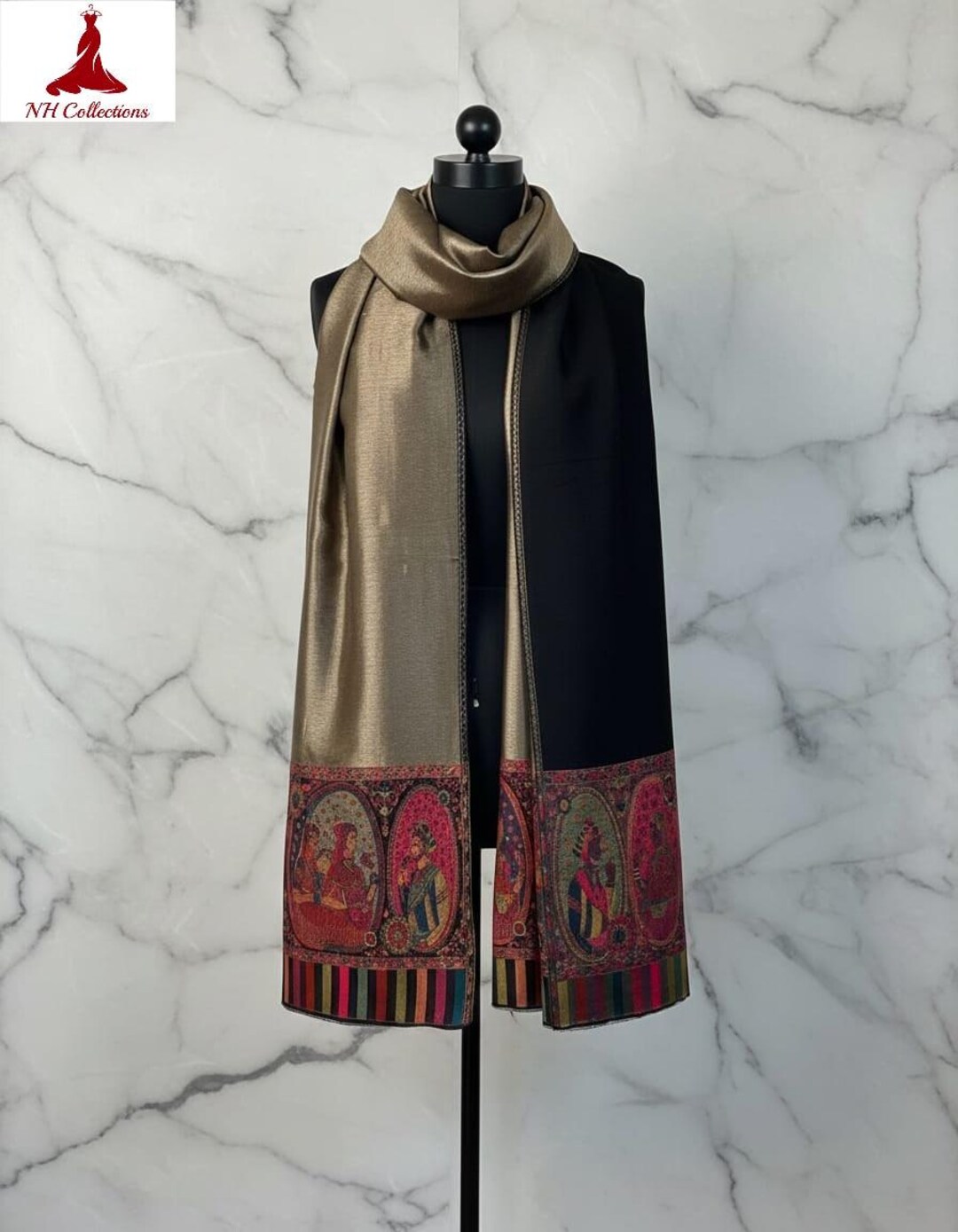 Women's Zari Reversible Shawl With Dual Kani Palla - Black With Moghul ...