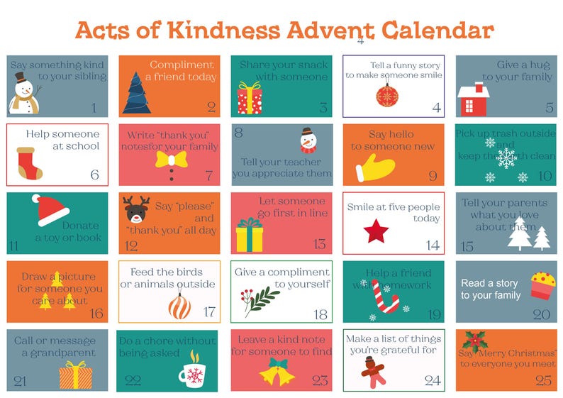 Kindness Advent Calendar for Kids | Christmas Activity (A4 + A3 ...
