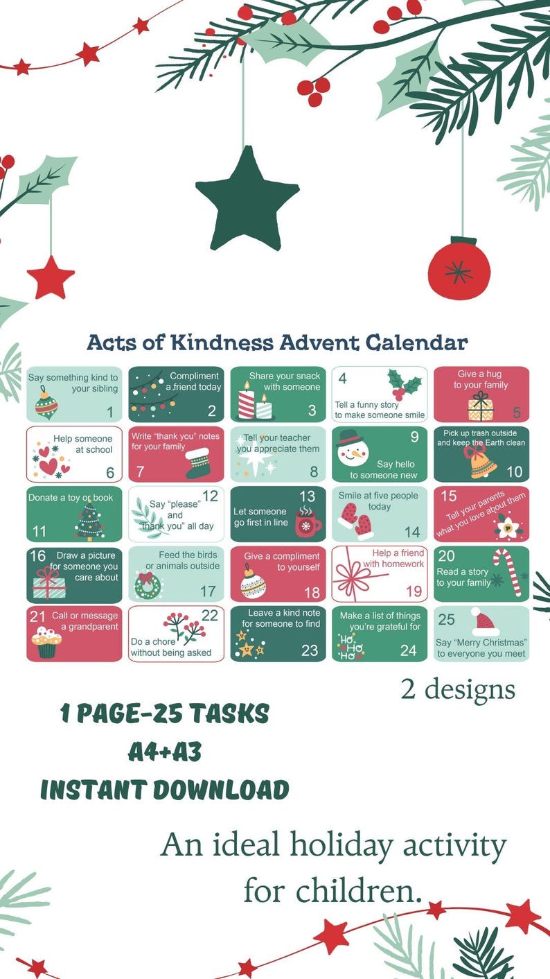 Kindness Advent Calendar for Kids | Christmas Activity (A4 + A3 ...