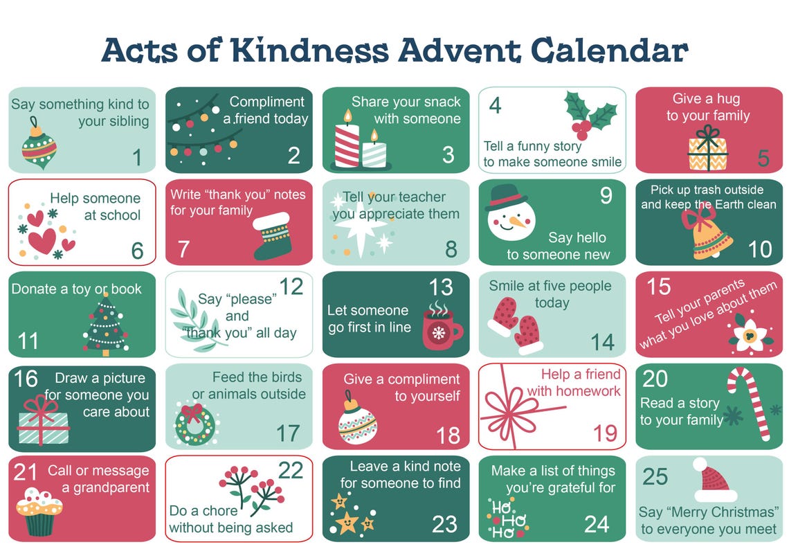 Kindness Advent Calendar for Kids | Christmas Activity (A4 + A3 ...