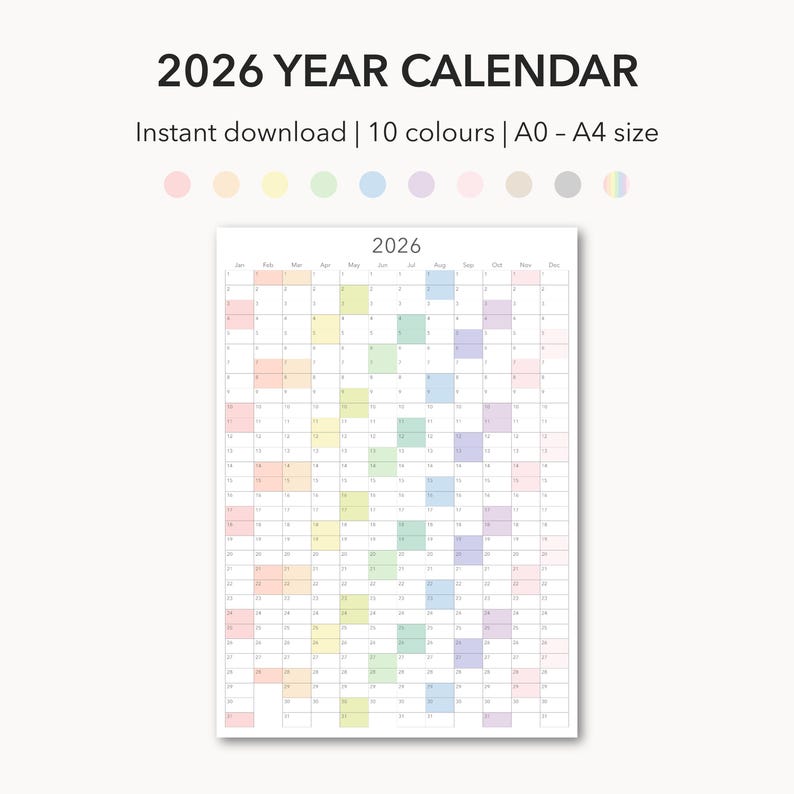 2026 Year Plan Wall Calendar: Minimalist Printable Planner, 10 Colours ...