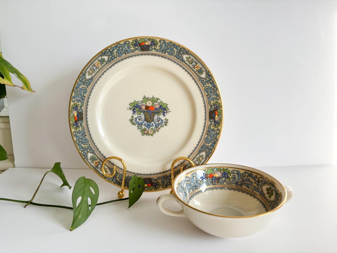 Lenox Autumn Cream & Blue Floral Porcelain Soup Cup and Plate Set With ...