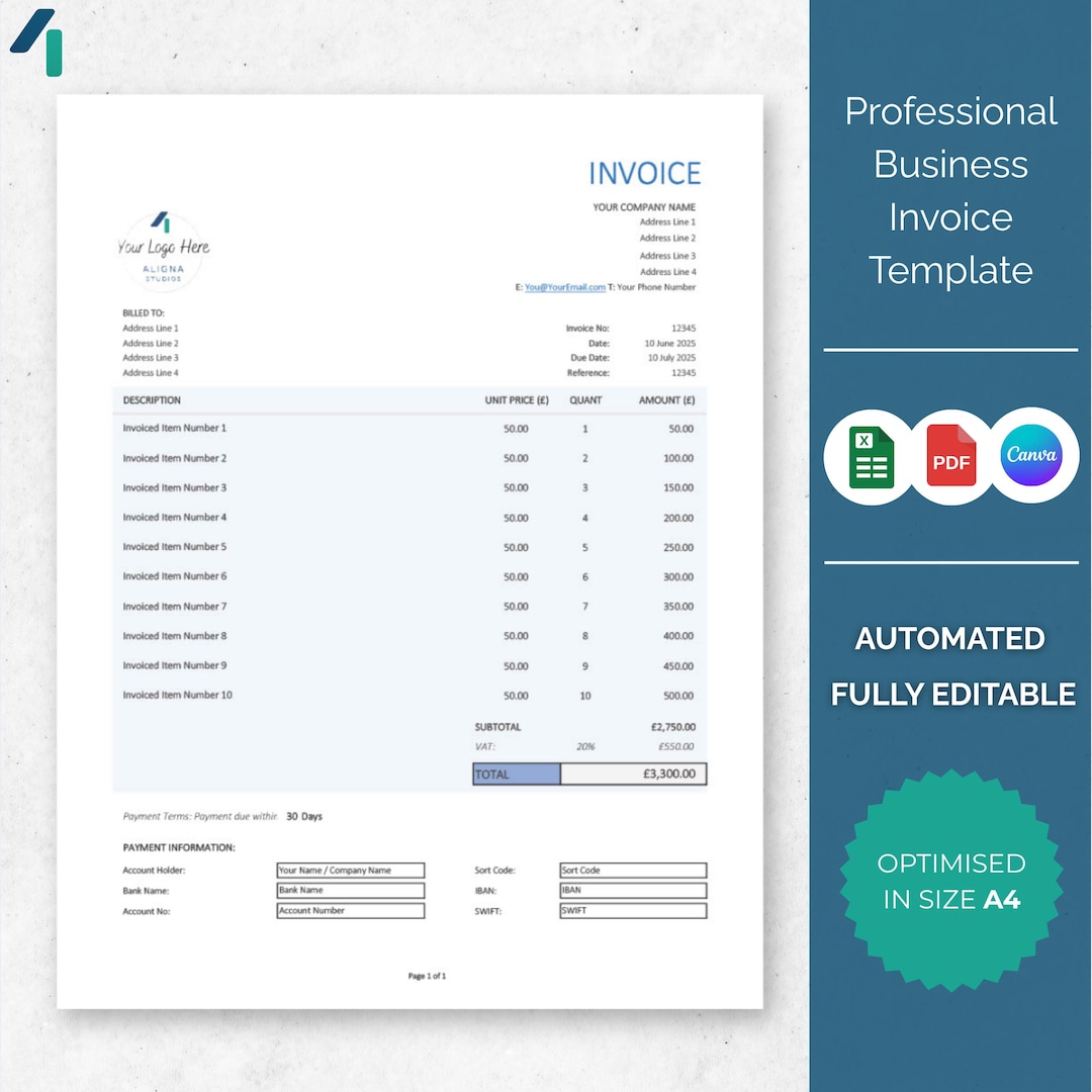 Editable Invoice Template for Small Business | Printable Professional ...