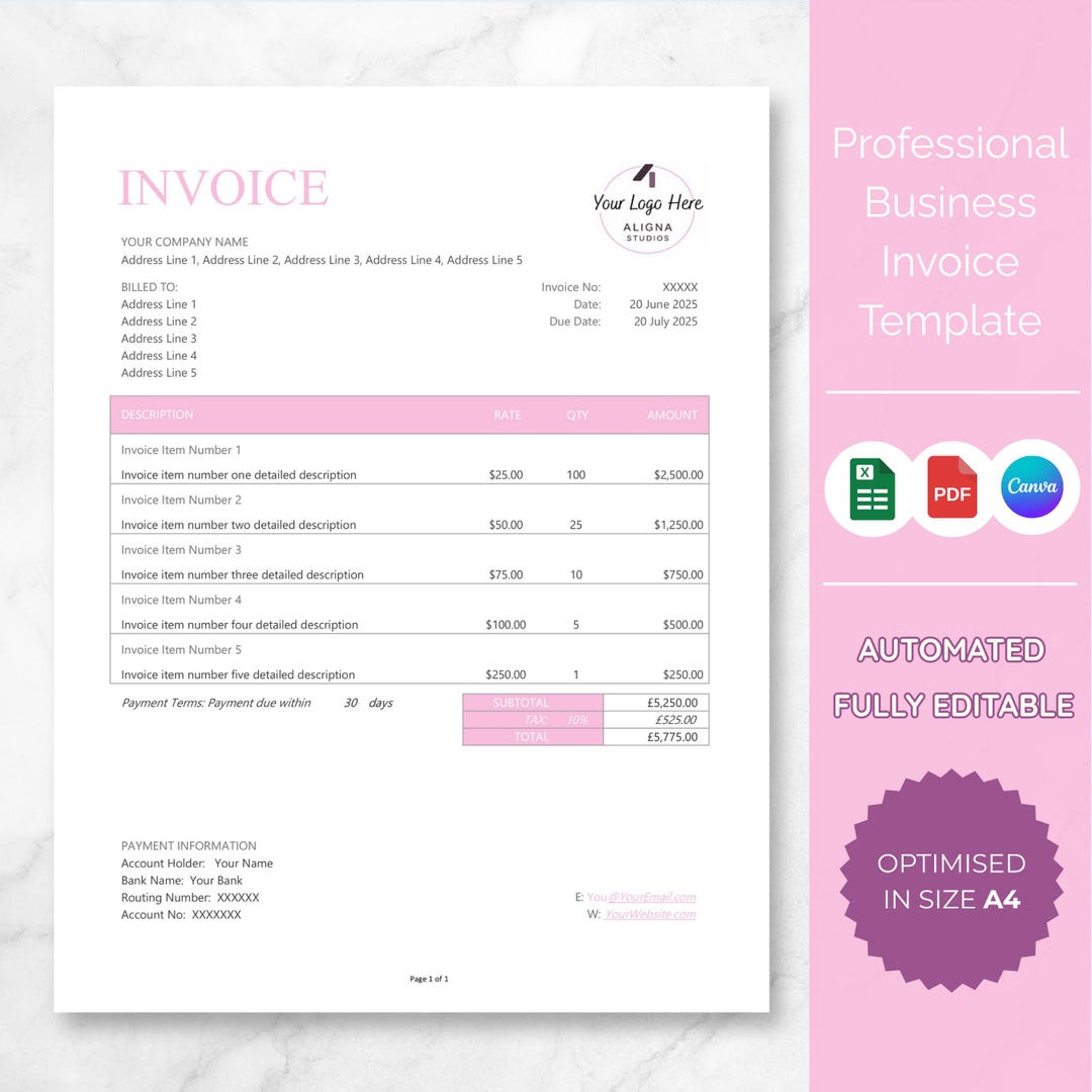 Editable Invoice Template for Small Business | Printable Professional ...