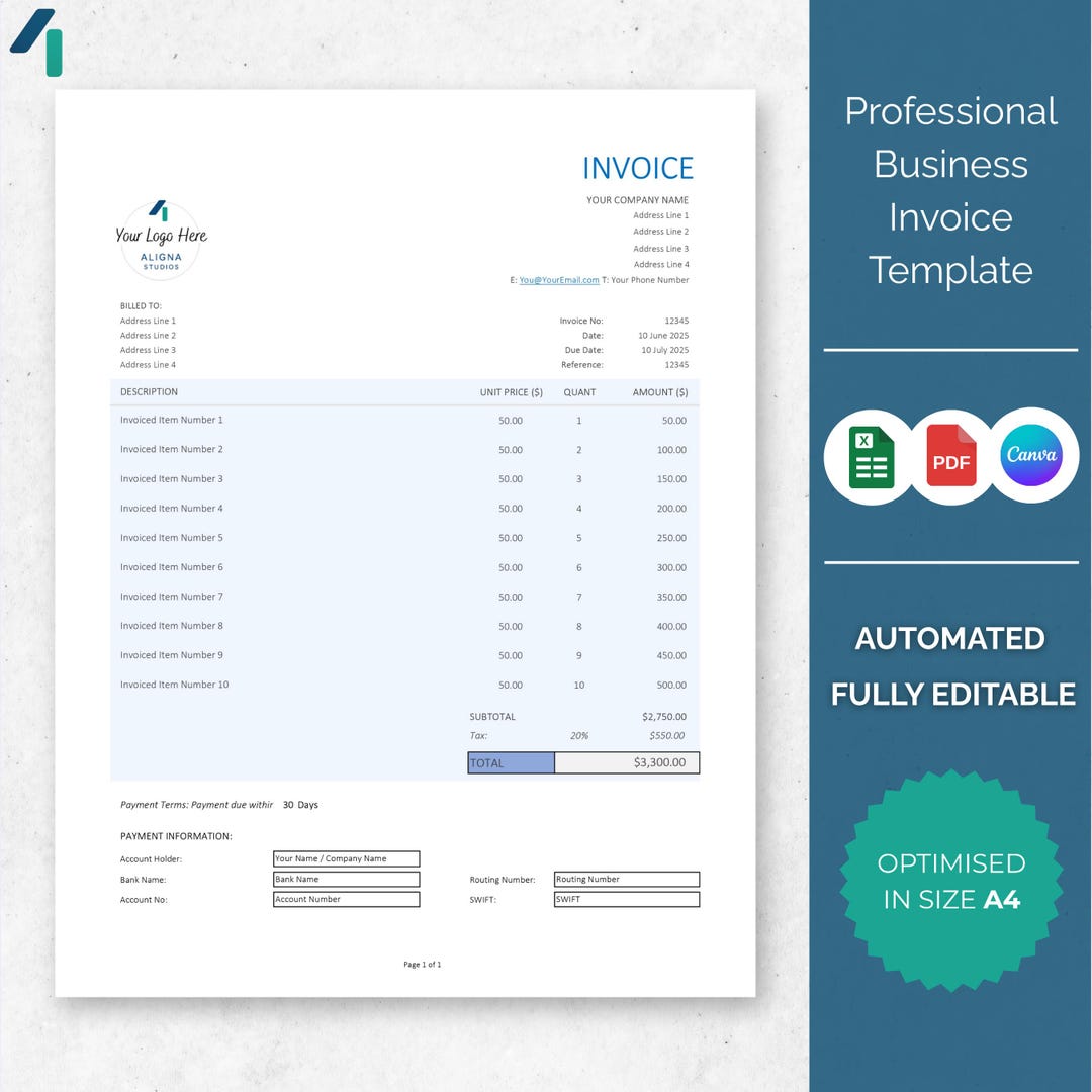Editable Invoice Template for Small Business | Printable Professional ...