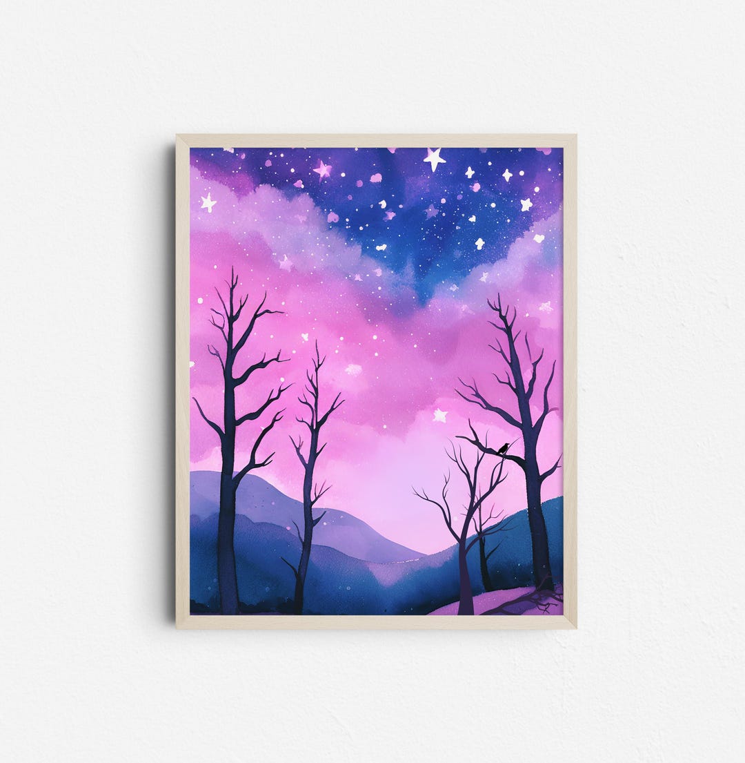 Purple, Pink and Blue Night Sky Watercolor Printable With Stars and ...