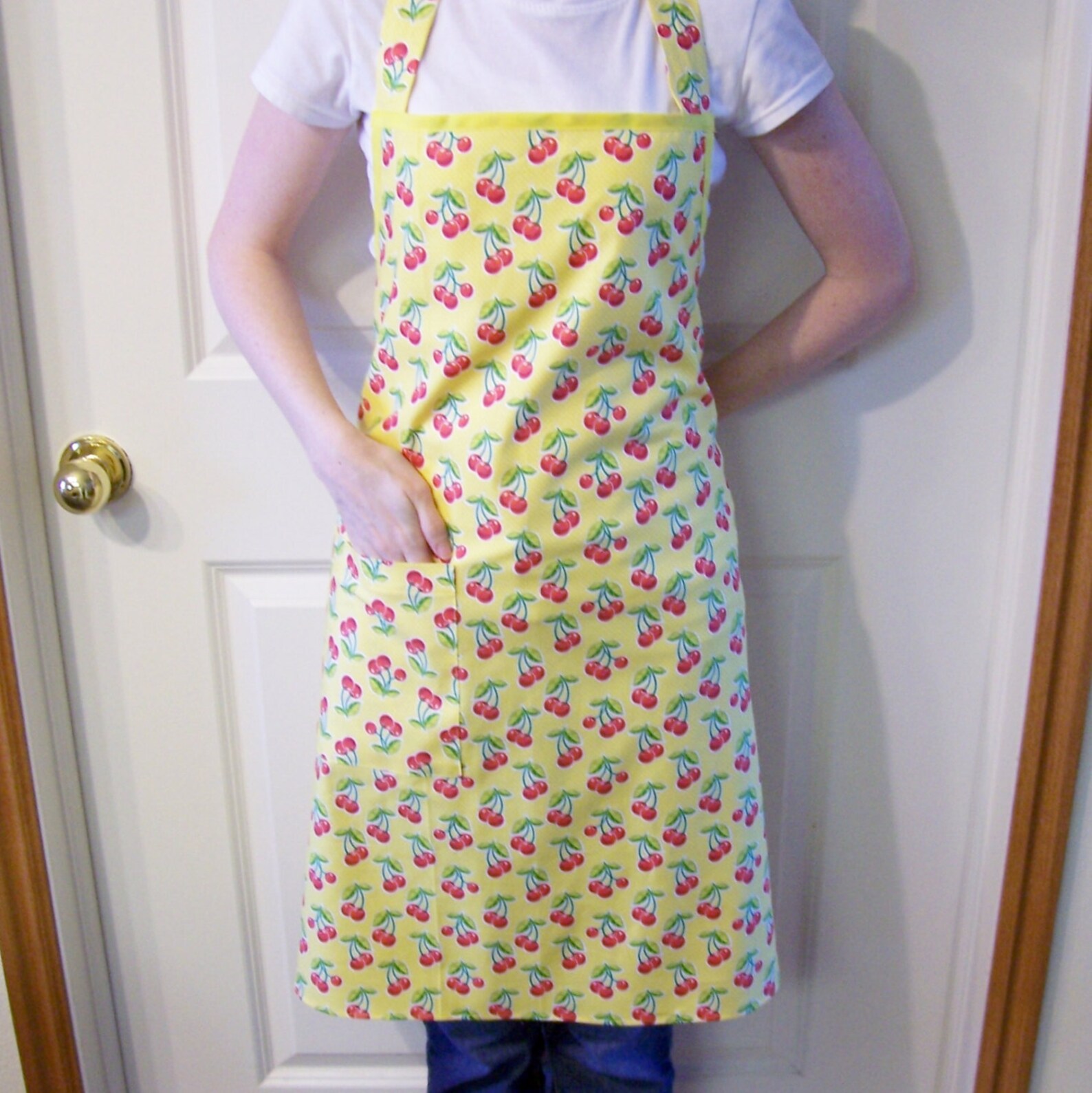 Womens Full Apron in Yellow With Cherries Butcher Apron - Etsy