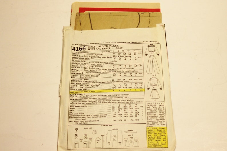 Mccall's 4166: Girls' Unlined Jacket Skirt and Pants | Etsy