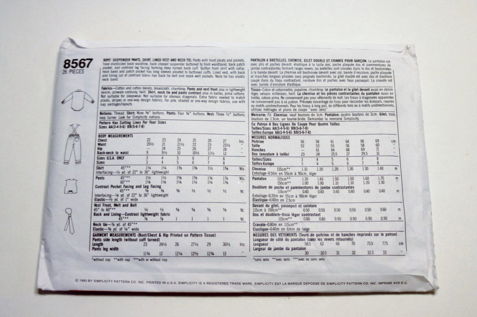Simplicity 8567: Boys' Suspender Pants, Shirt, Lined Vest and Neck Tie ...