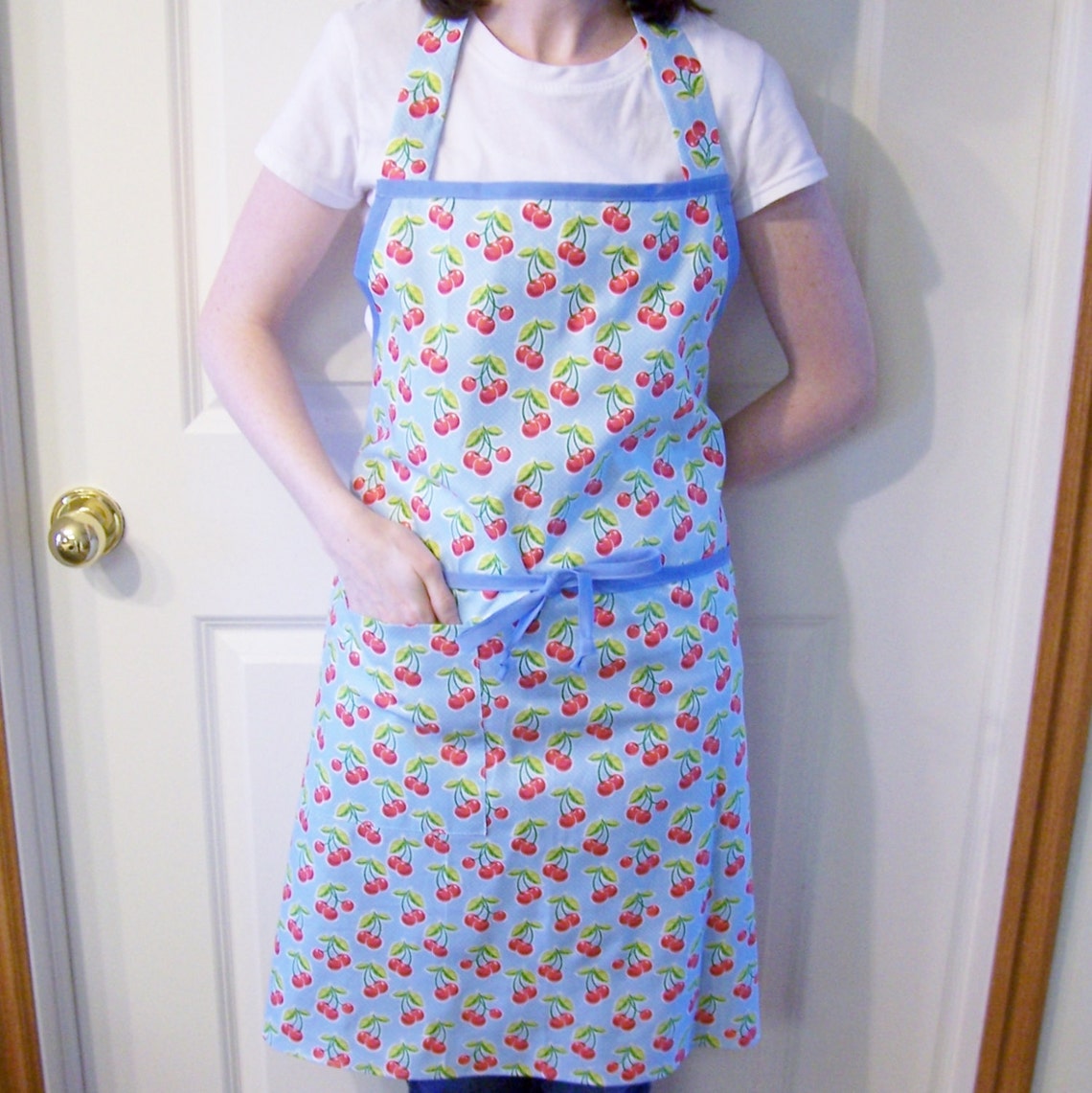 Womens Full Apron in Blue Fabric and Cherries and White Polka | Etsy