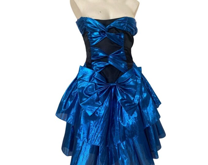 80's Vintage PROM DRESS 80's Prom Dress Metallic BLUE Cocktail Dress ...