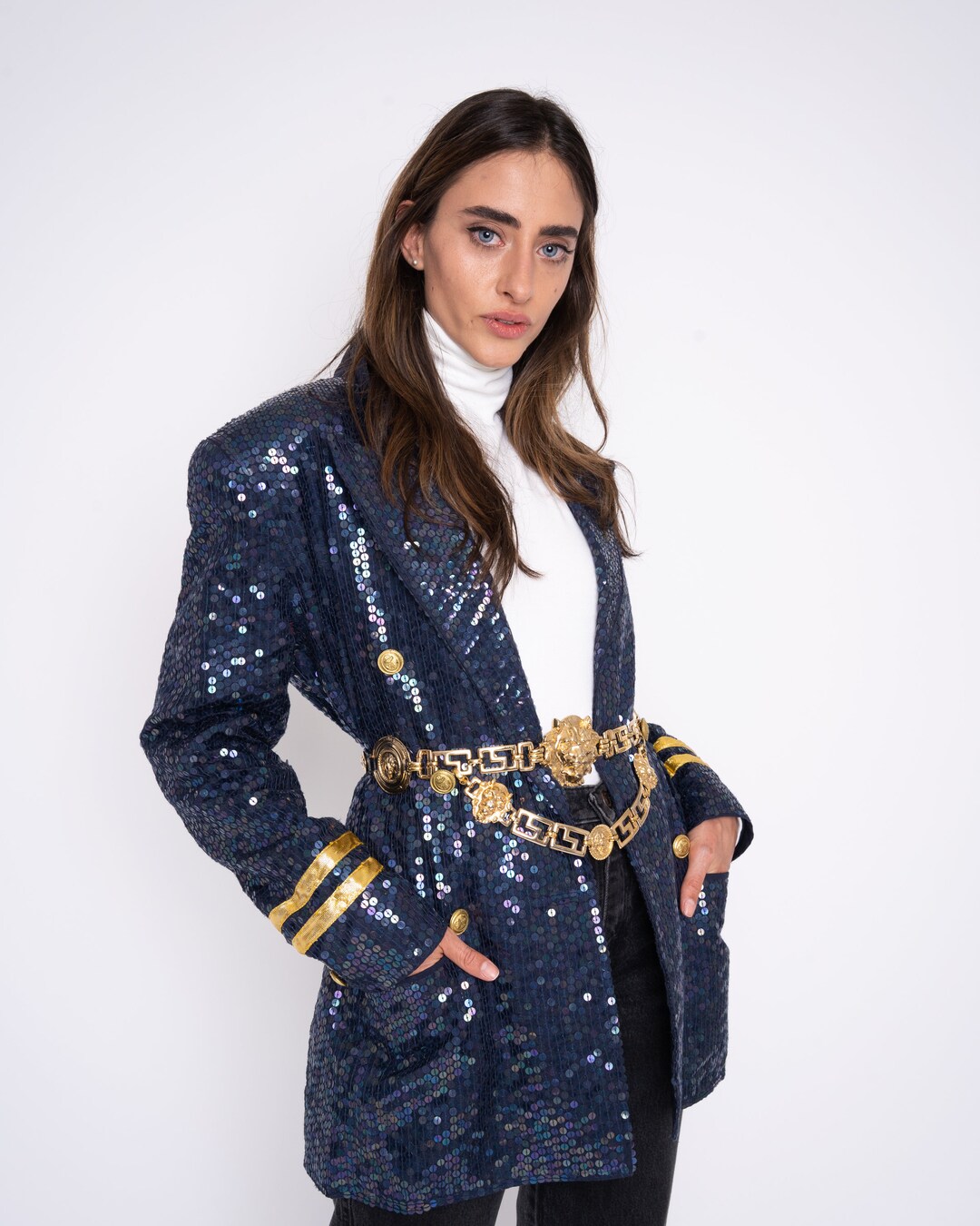 Vintage Sequin Blazer, Sequin Nautical Blazer Band Jacket Navy Blue ...