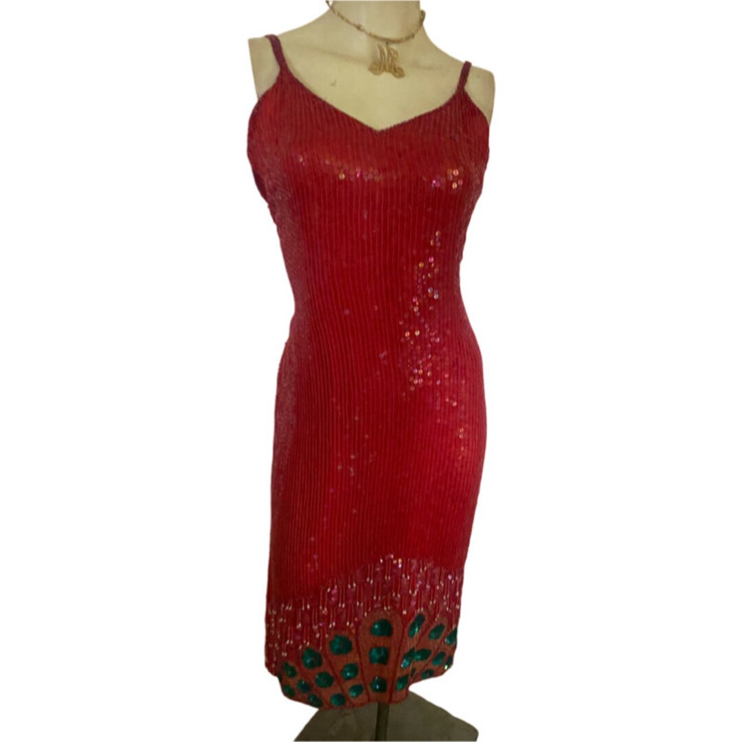 Vintage Sequin Dress, Red Beaded Dress, Sequin Cocktail Dress, Heavily ...