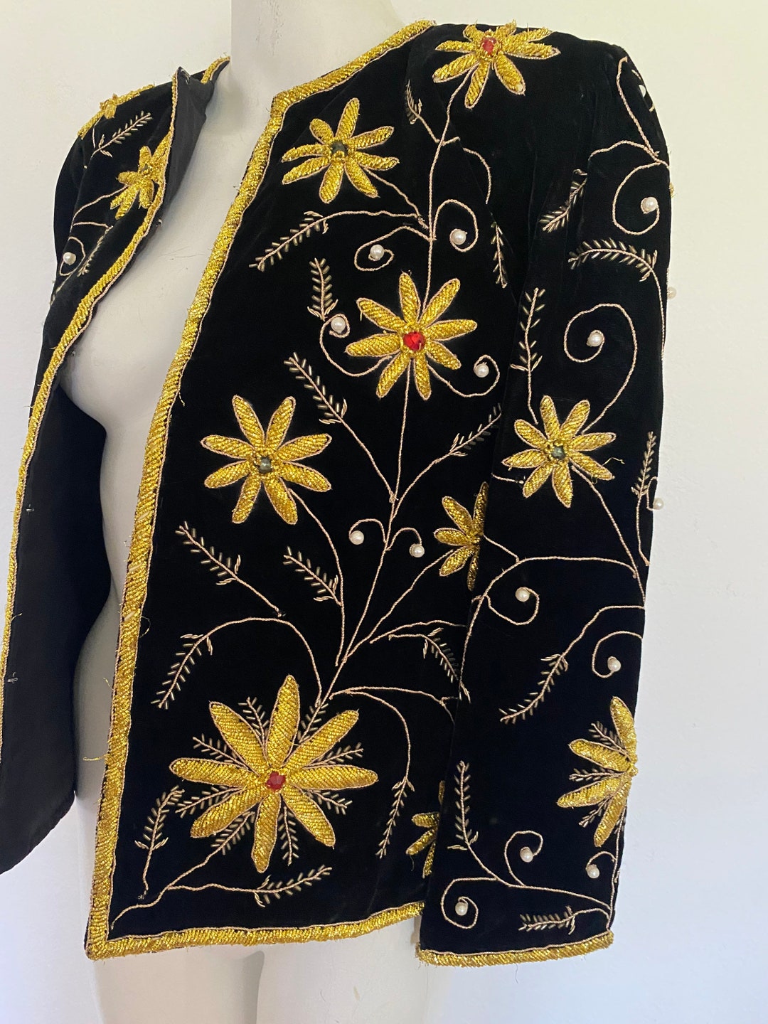 Vintage Black Beaded Jacket, Holiday Jacket, Gold Beaded Bolero ...