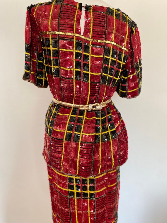 90s Vintage MODI Sequin suit, red sequin plaid top ma… - Gem