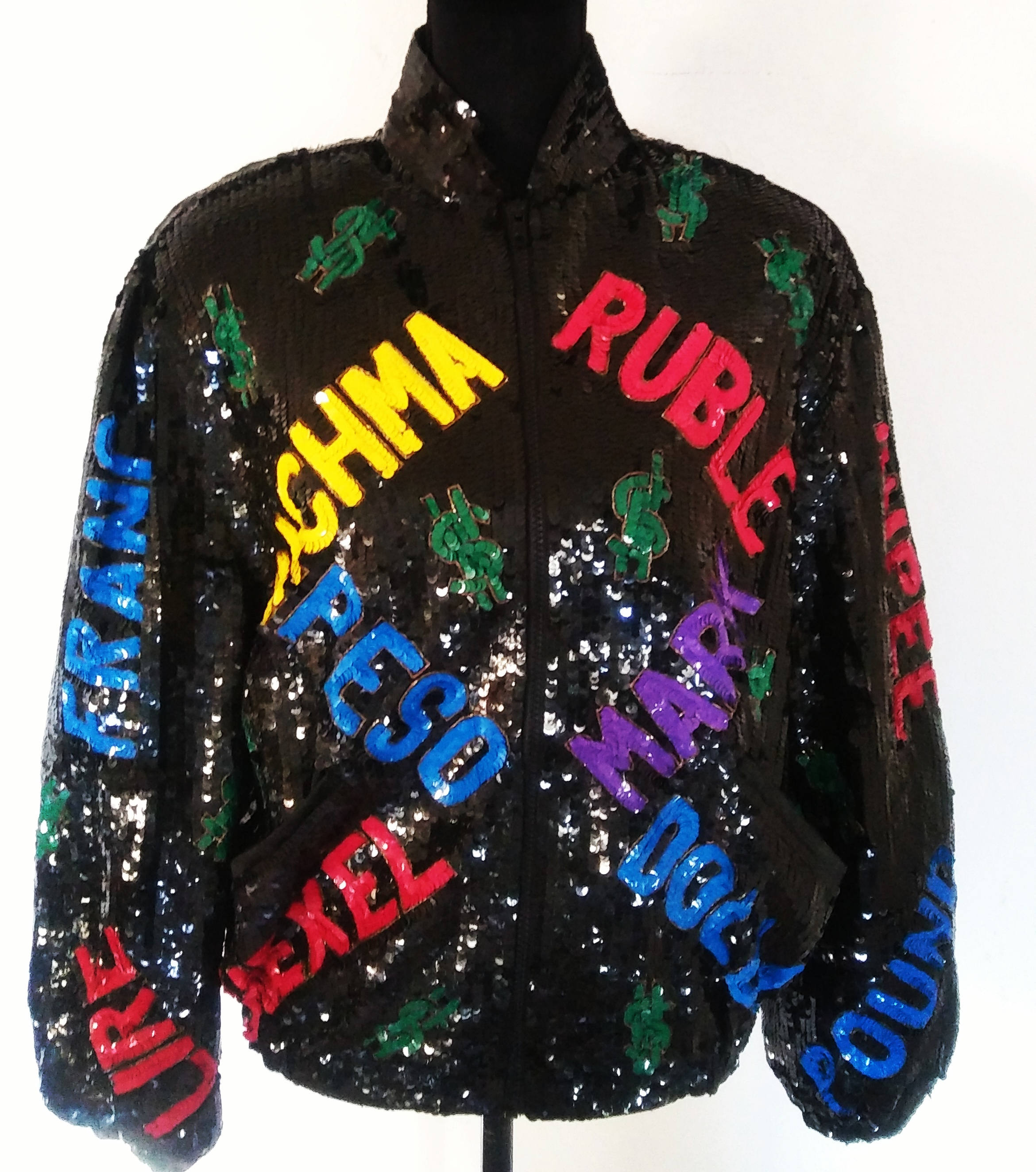MONEY MAKES the WORLD Go Round Sequin Beaded Bomber Jacket Pop Art ...