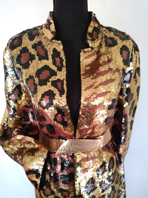 1980's VINTAGE Gold Sequin DUSTER Cheetah print Jacke… - Gem