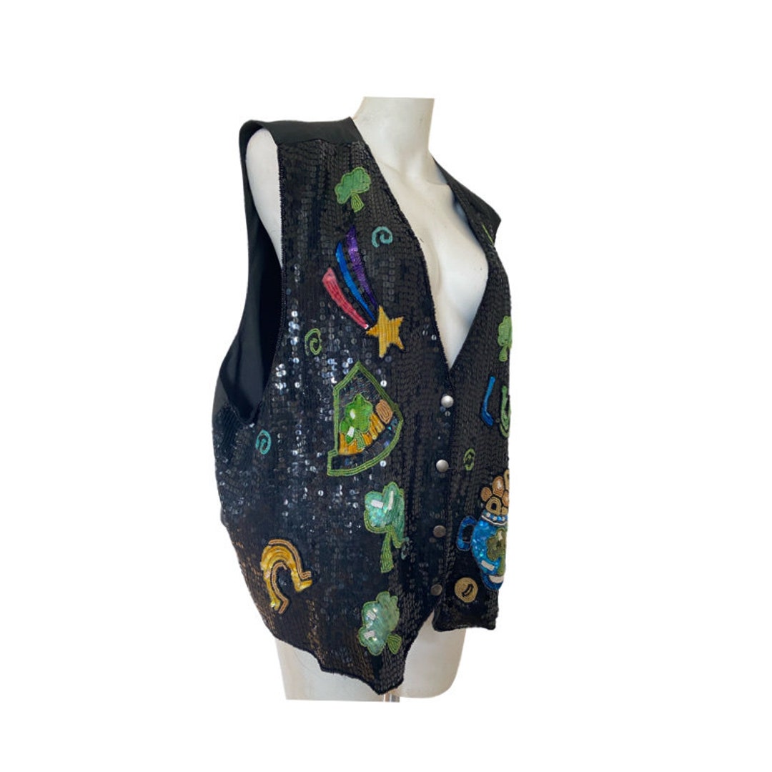 90s Vintage Sequin Vest, St Patricks Day Vest Sequin Beaded Art Deco ...
