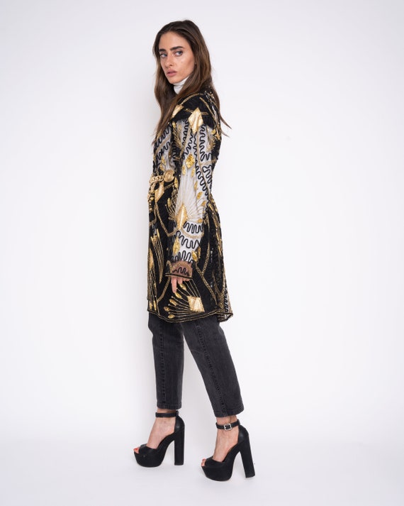 Vintage Long Sequin Jacket, gold sequin beaded duster… - Gem
