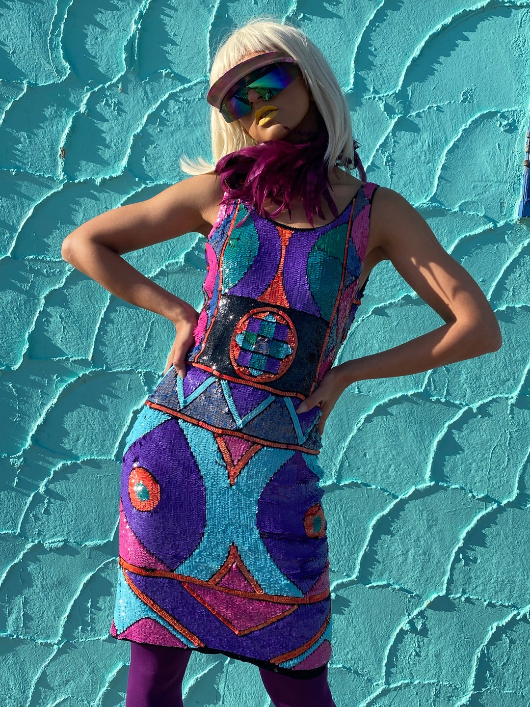 90s Y2k Sequin POP ART Dress Abstract Pink Purple Sequin DRESS Beaded ...