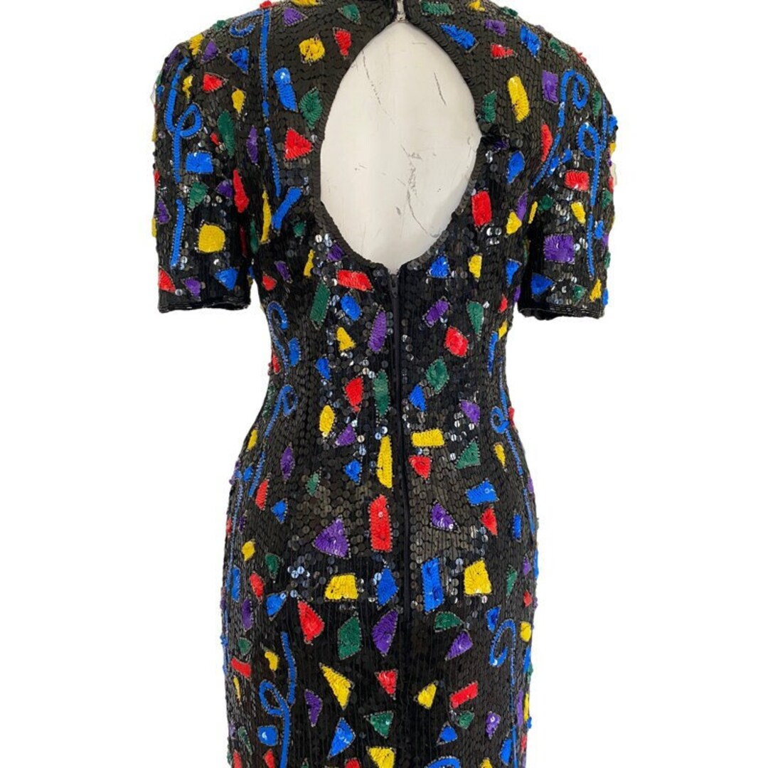 80s MODI Sequin Dress, Beaded Cocktail Dress, Keyhole Back Colorful ...