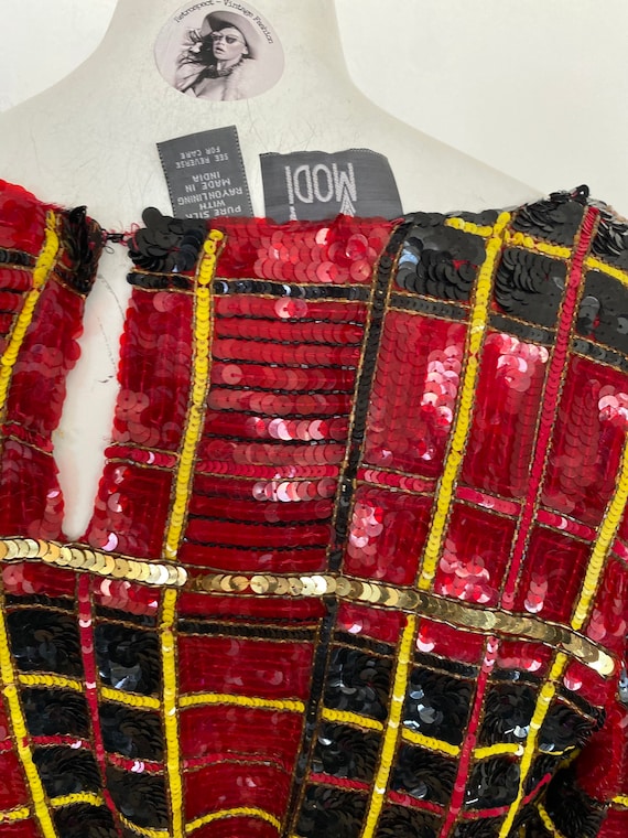 90s Vintage MODI Sequin suit, red sequin plaid top ma… - Gem