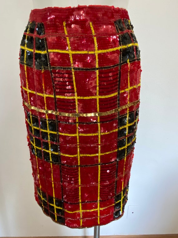 90s Vintage MODI Sequin suit, red sequin plaid top ma… - Gem